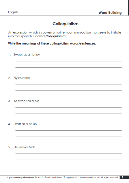 Colloquialism worksheets Grade 6|www.grade1to6.com
