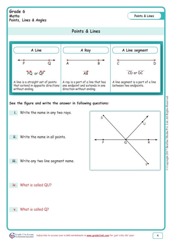 Line, Ray & Line Segment Worksheet | Grade1to6.com