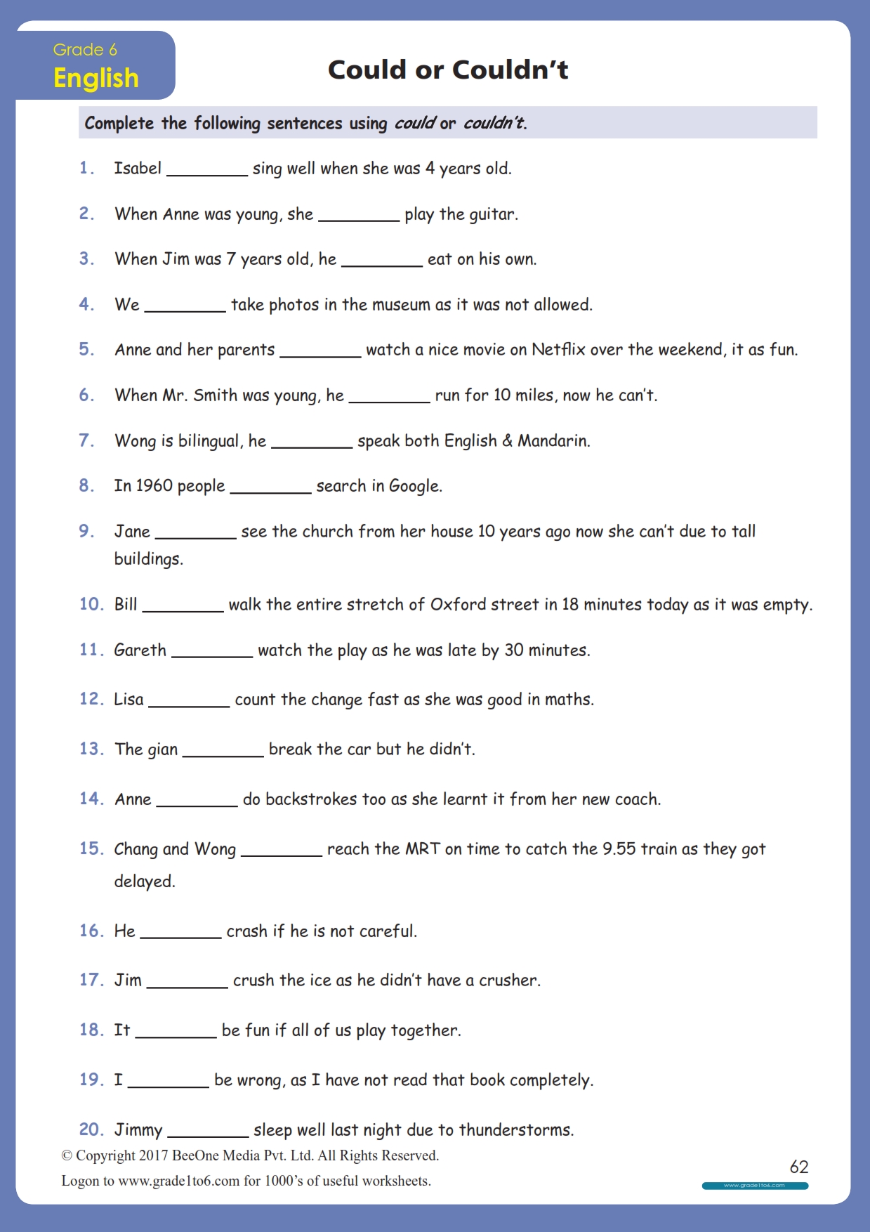 Modal Verbs Worksheet for Grade 6 | Grade1to6.com