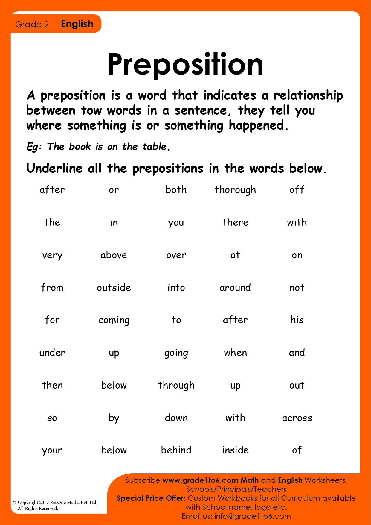 Preposition Worksheets for Class 2 Grammar