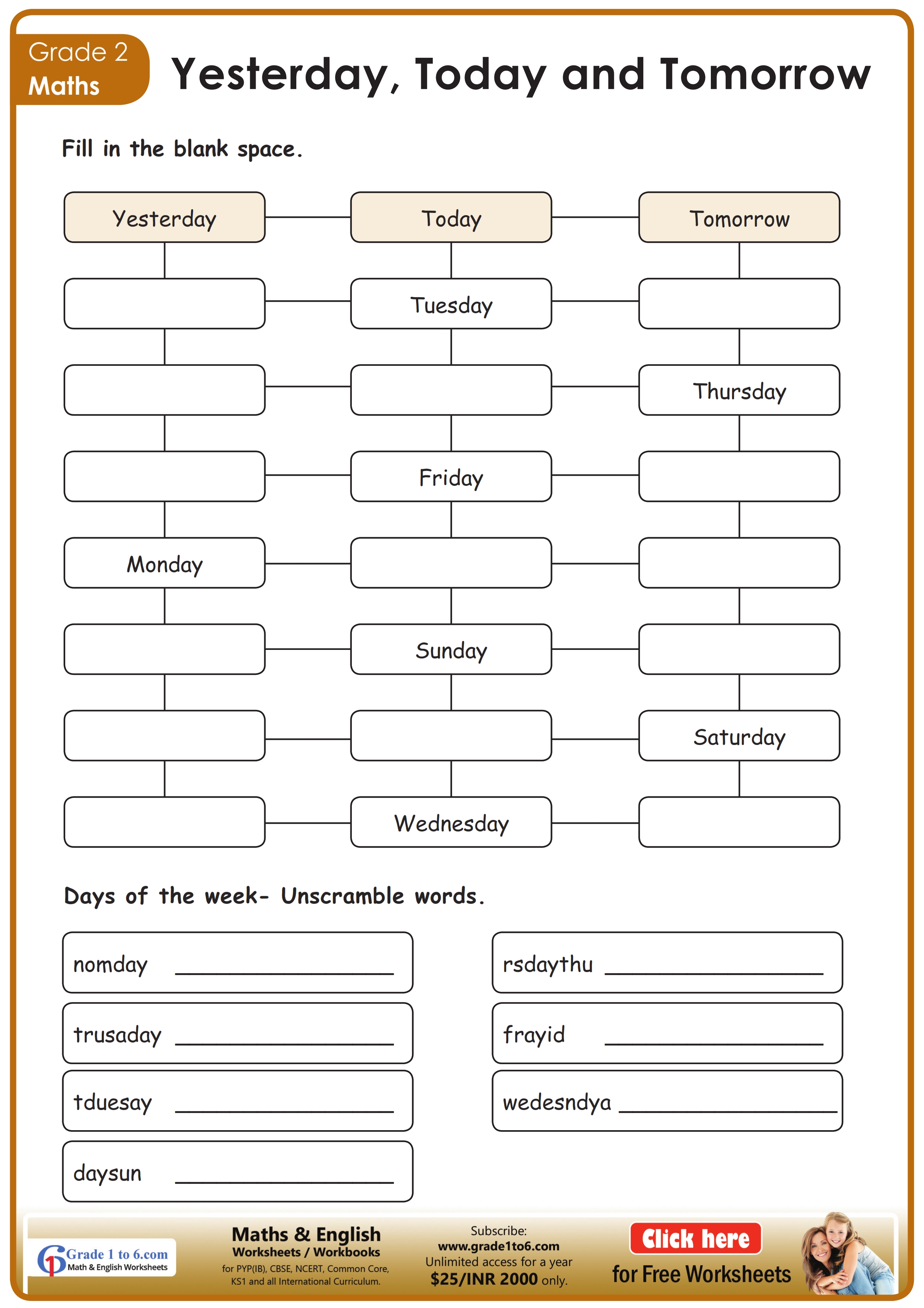 Days of the Week Worksheet | Grade1to6.com