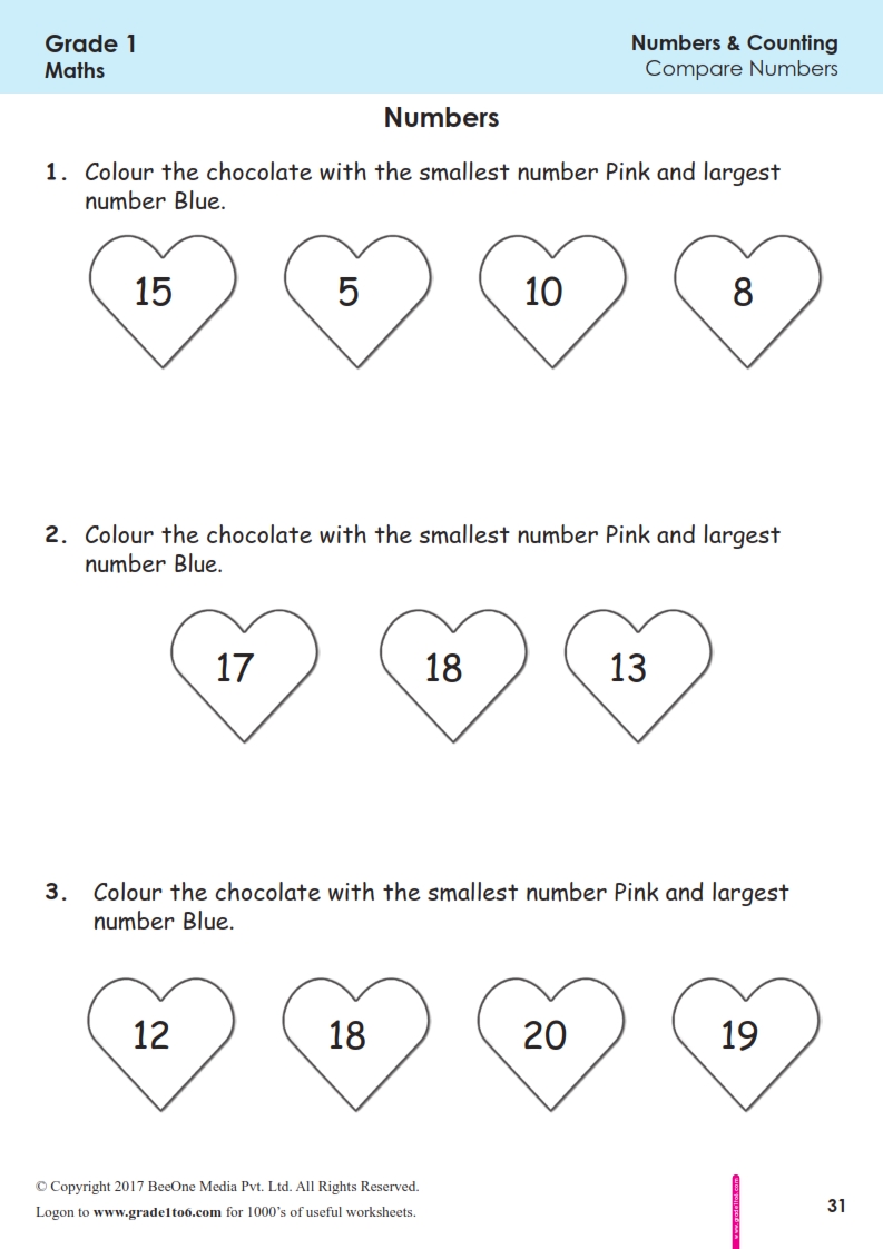 First Grade Class 1 Smallest Largest Number Worksheets